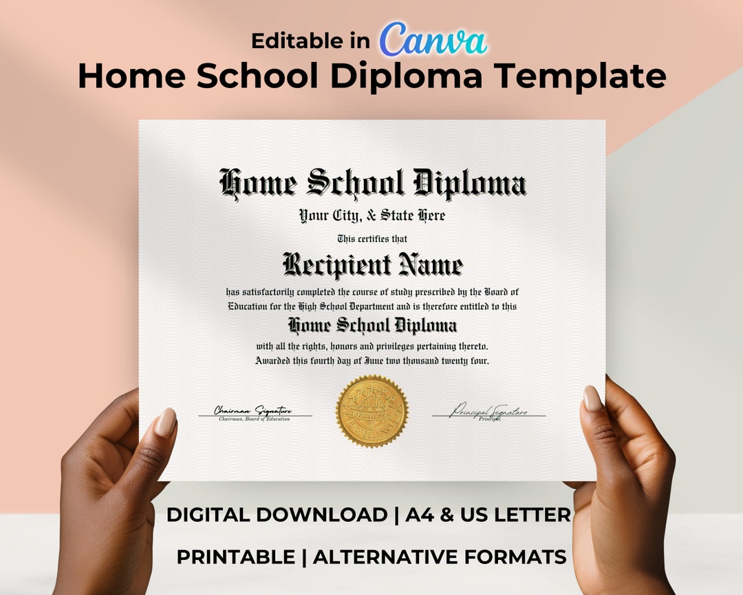 Editable Home School Diploma Template, Printable Homeschool Graduation ...