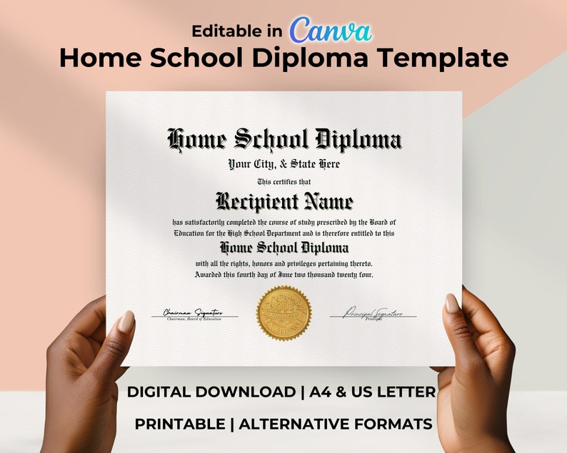 Editable Home School Diploma Template, Printable Homeschool Graduation ...