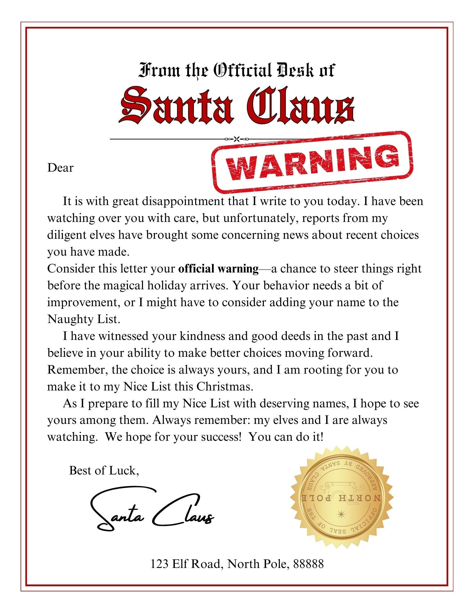 Editable Naughty List Warning Letter From Santa to Misbehaving Child ...