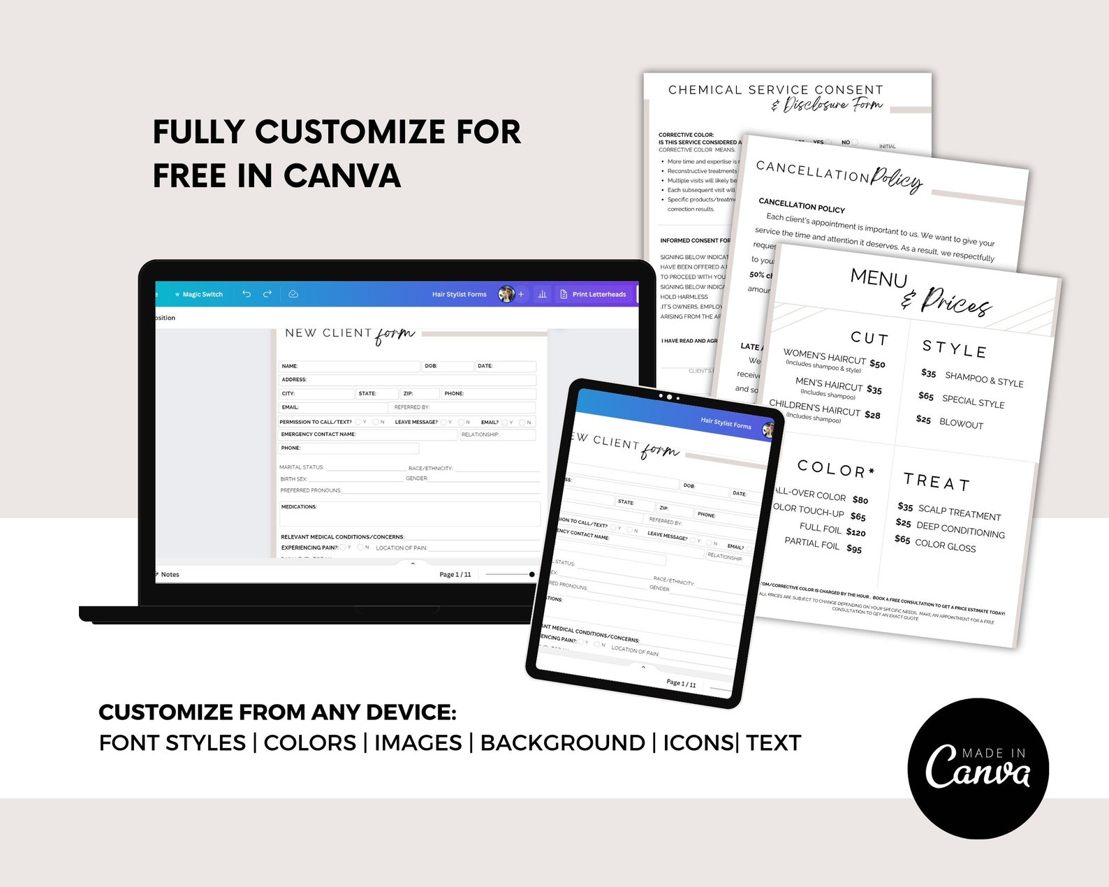 Editable Hair Stylist Client Forms, Hair Color Consultation Form, Salon ...