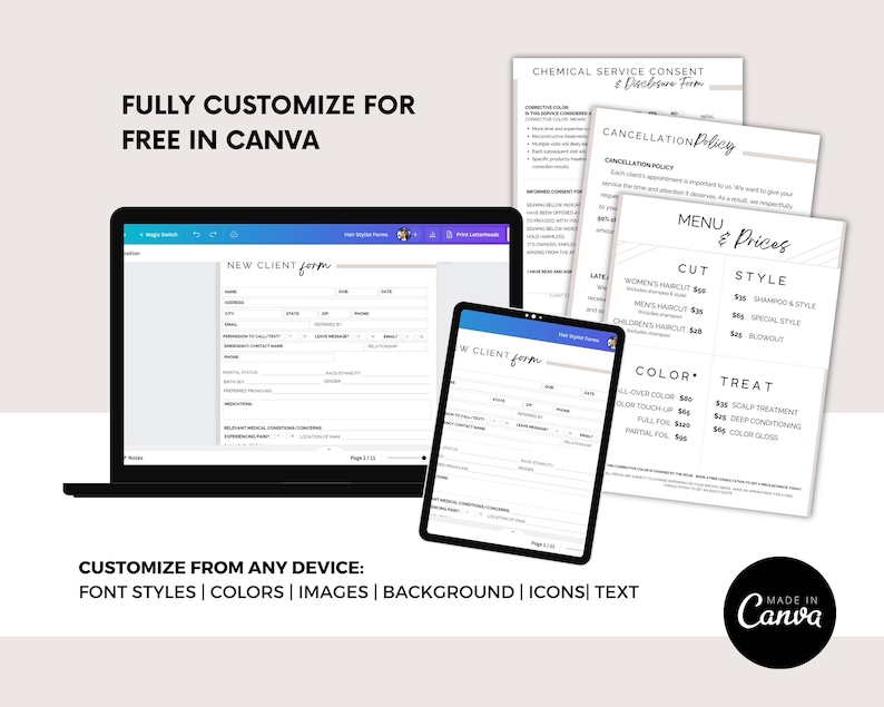 Editable Hair Stylist Client Forms, Hair Color Consultation Form, Salon ...