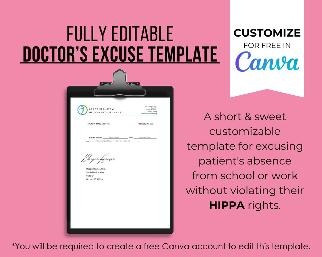 Editable Doctor's Excuse Template: Medical Note for Work/school (canva ...