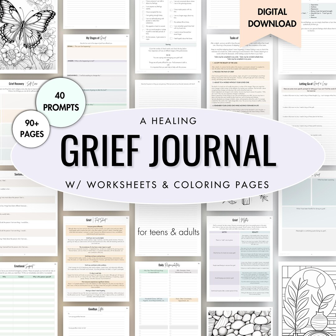 Grief Journal: Therapy Workbook With Prompts & Coloring (digital ...