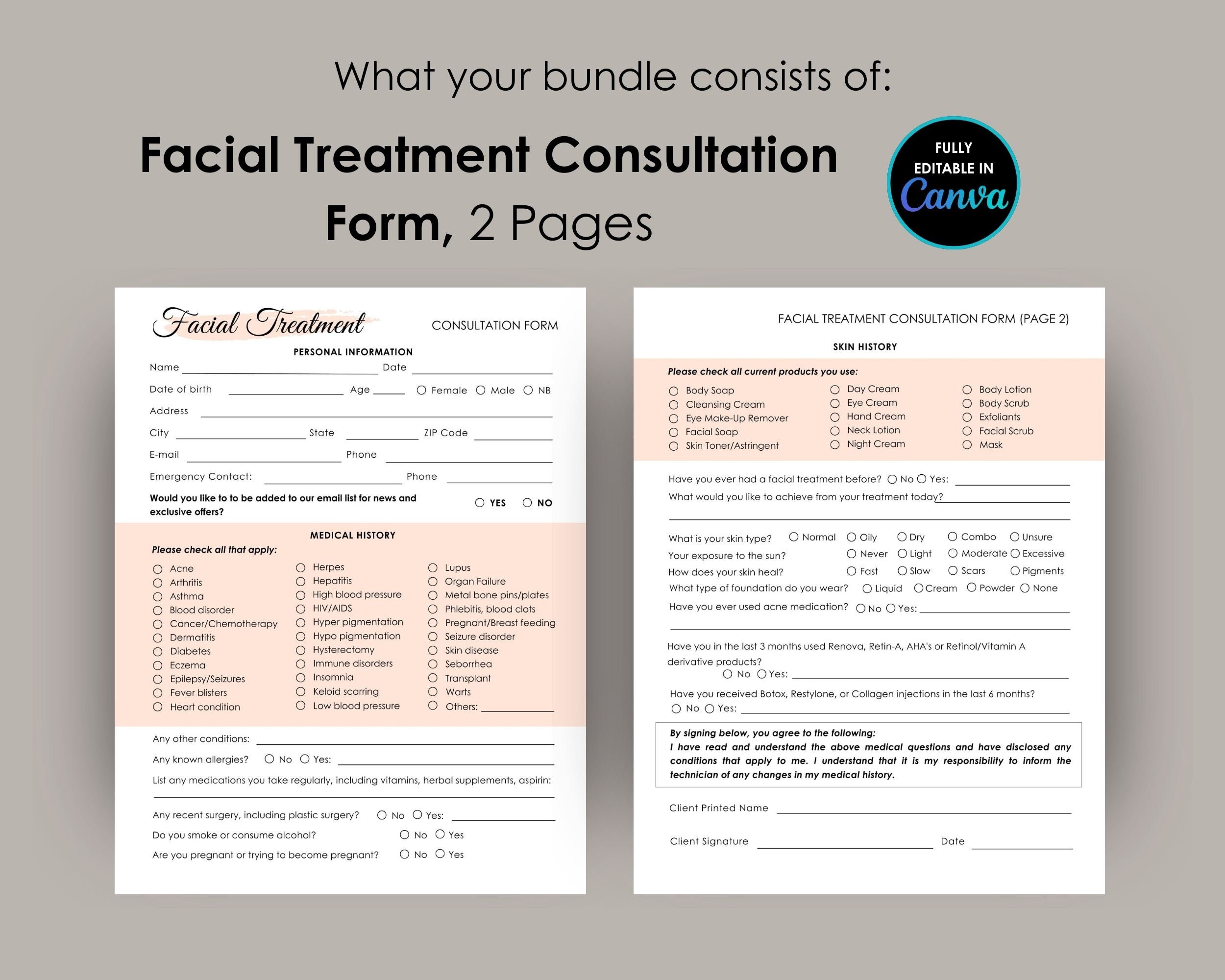 Esthetician Client Consent Form Bundle: Editable Facial Consultation ...