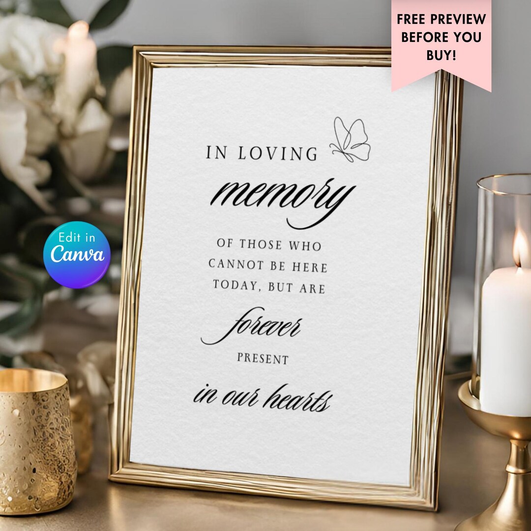 Editable Memorial Table Sign Template for Reunion, Printable in Loving ...