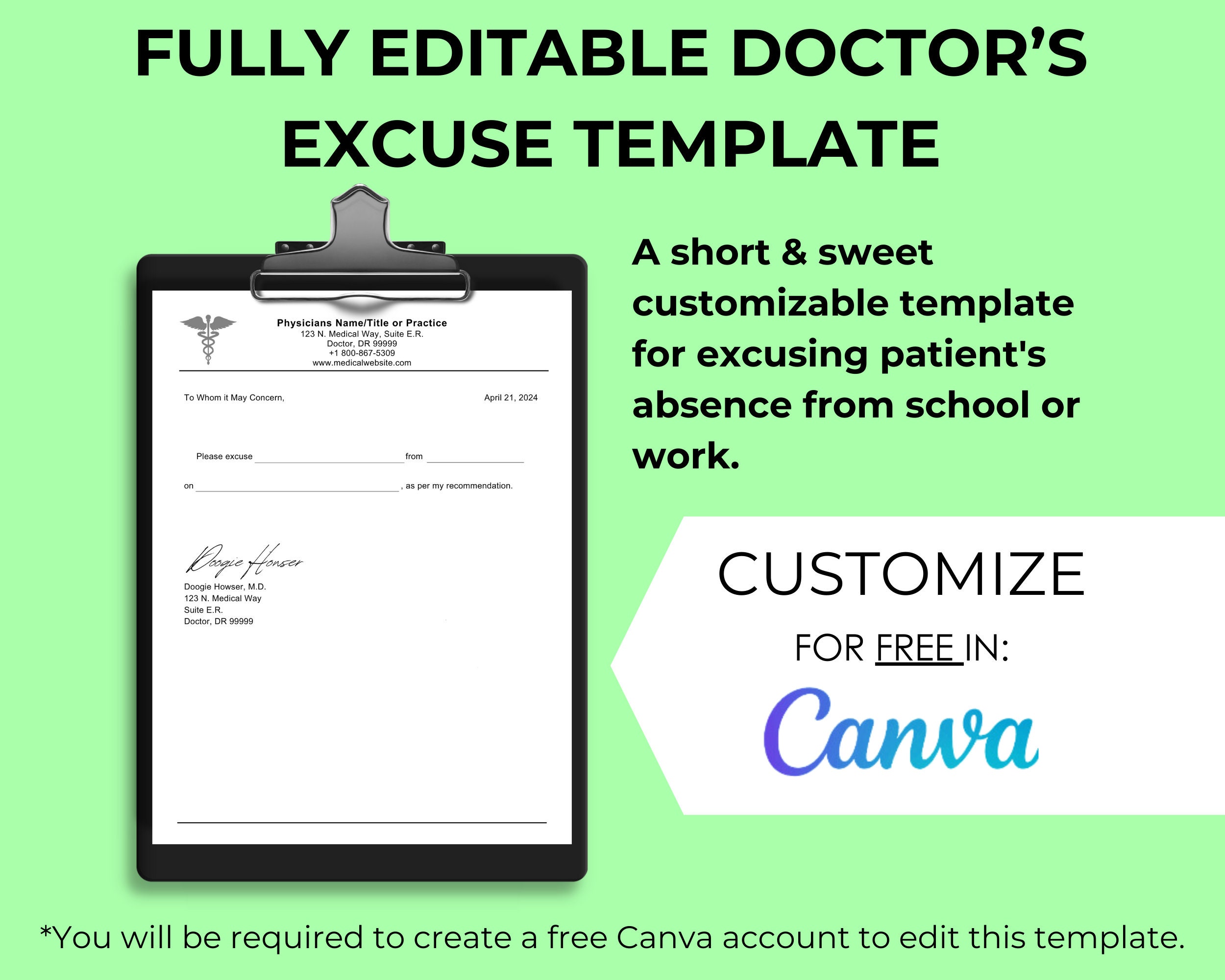 Editable Doctor's Excuse Template, Medical Excuse Note, Return to ...