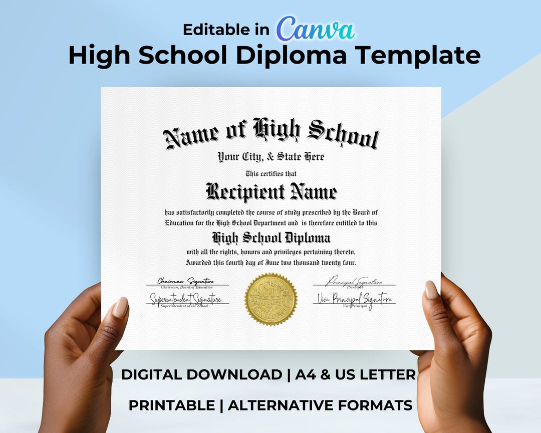 Editable High School Diploma Template: Printable Keepsake (digital ...