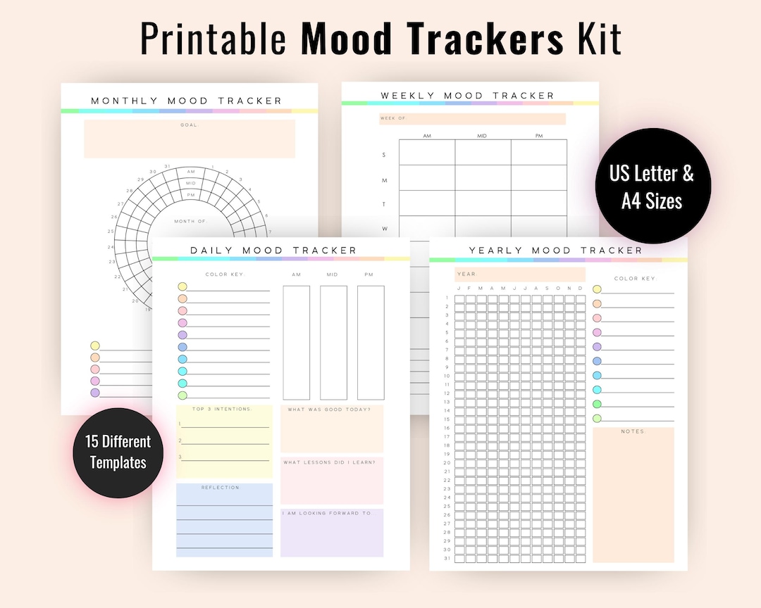 Printable Mood Trackers With Free Feelings Wheel, Monthly Mood Tracker ...
