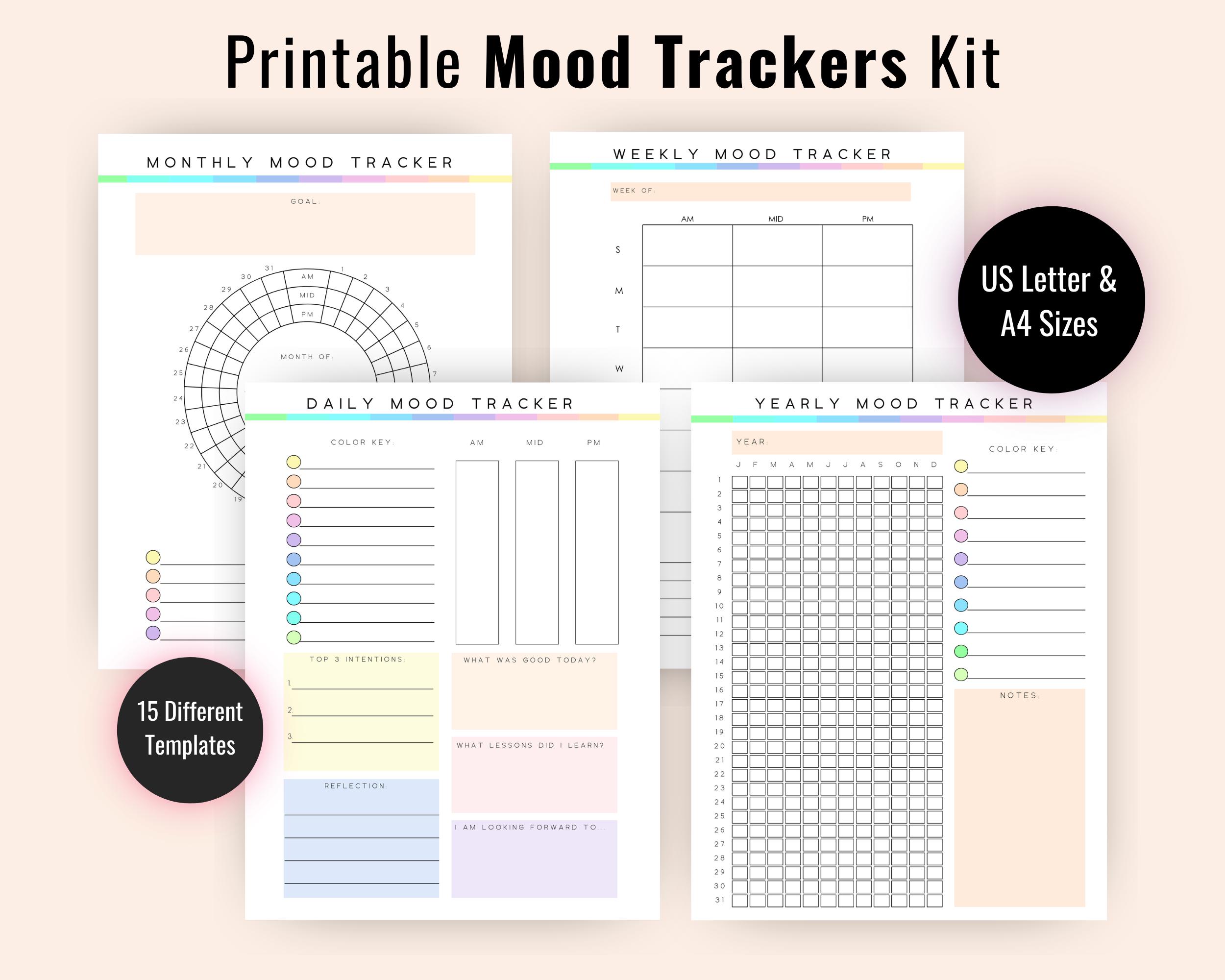 Printable Mood Trackers With Free Feelings Wheel, Monthly Mood Tracker ...