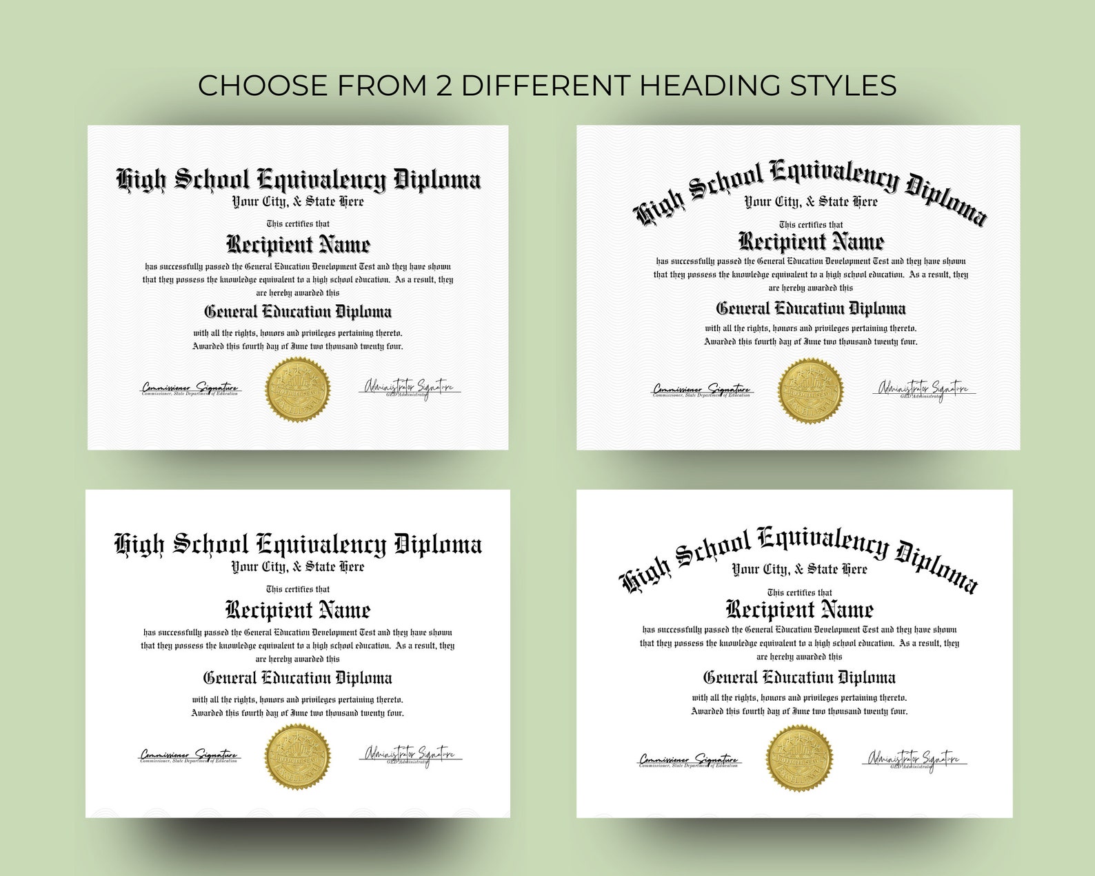 GED Diploma Template With Gold Seal, Printable High School Equivalency ...