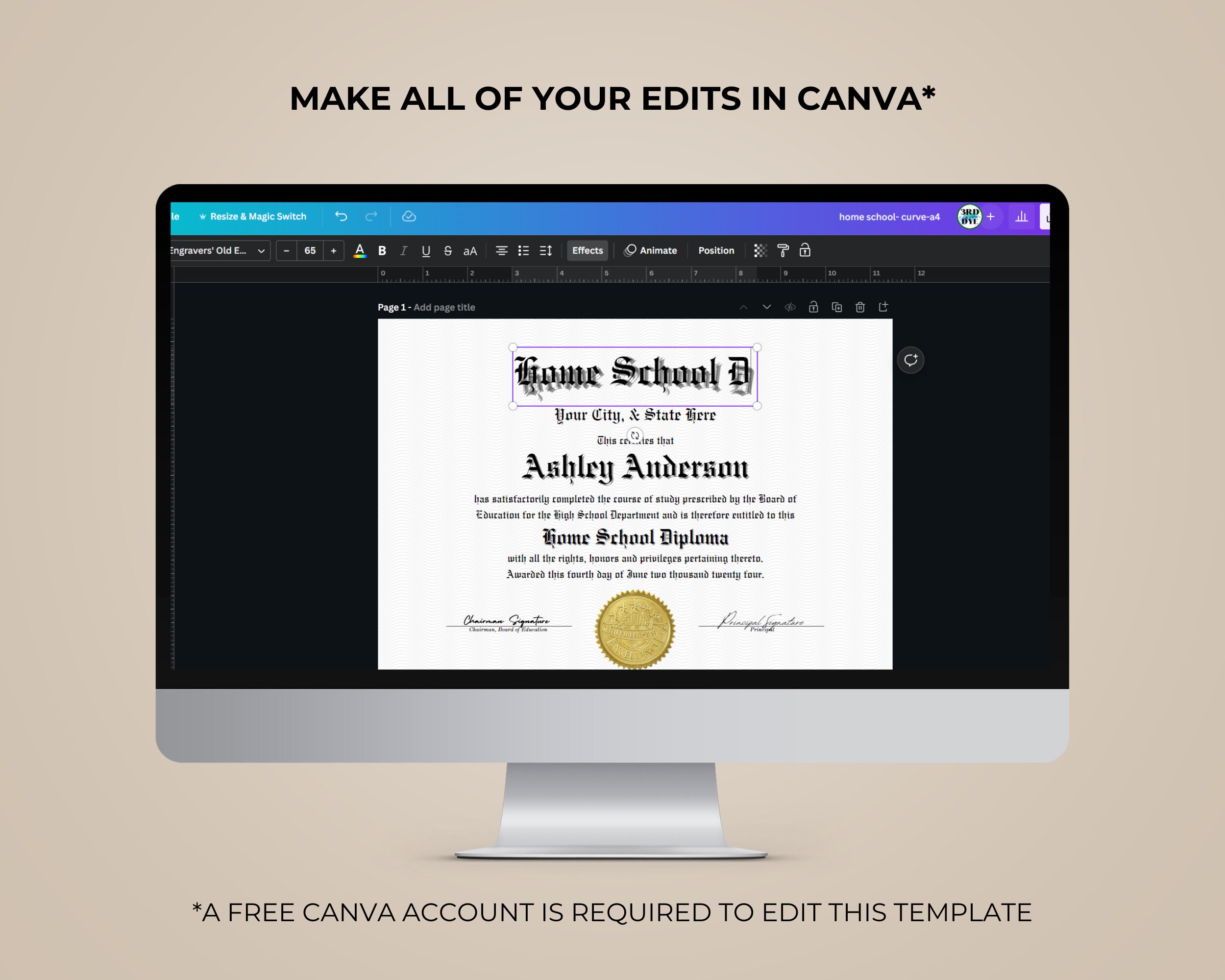 Editable Home School Diploma Template, Printable Homeschool Graduation ...