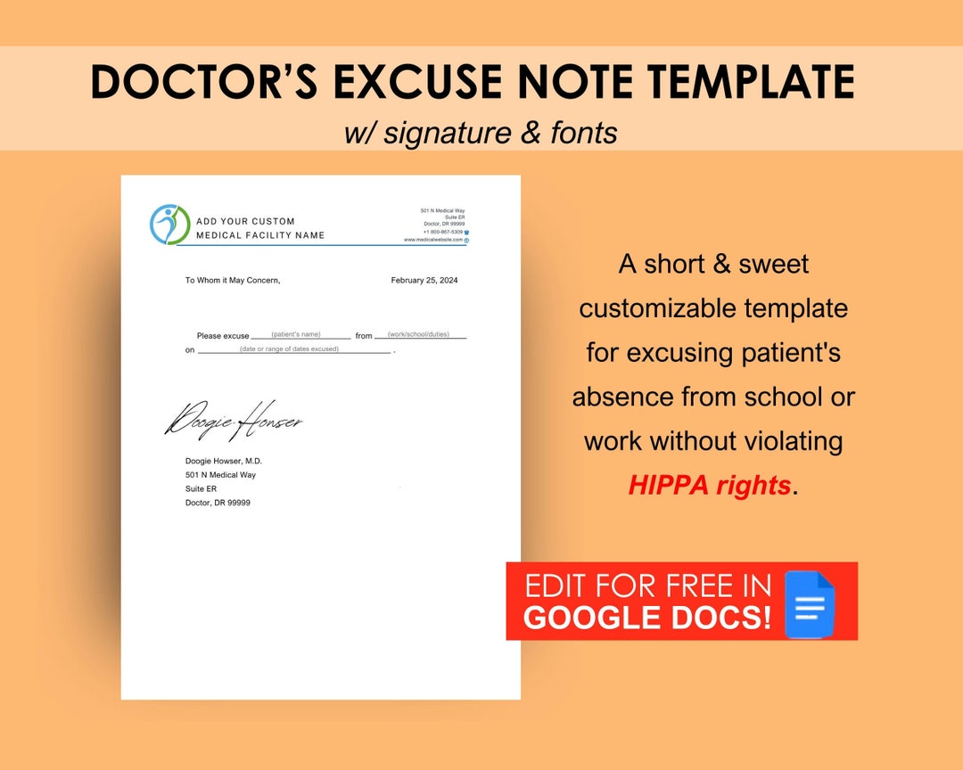 Editable Doctor's Excuse Template: Medical Note (google Docs) - Etsy