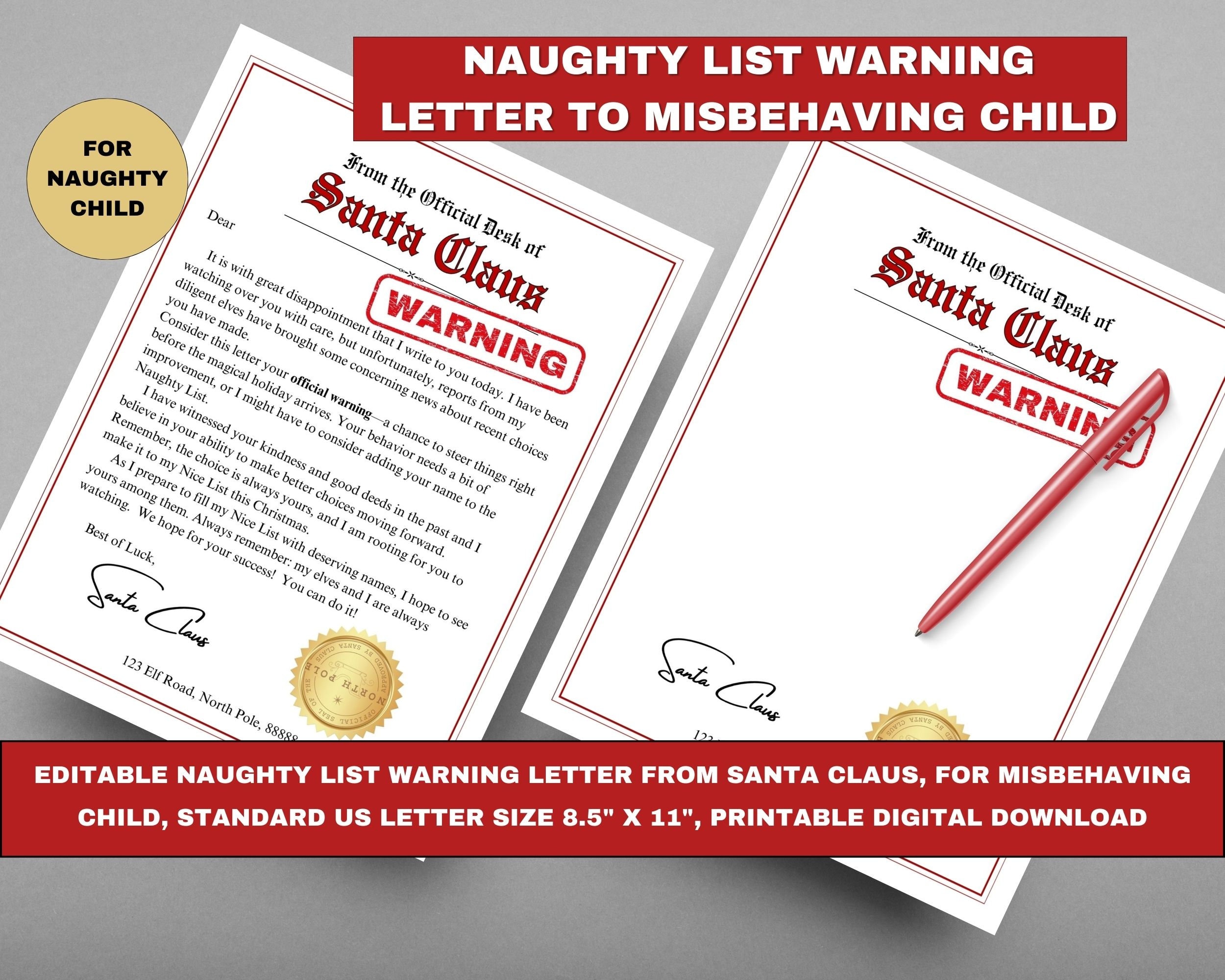 Editable Naughty List Warning Letter From Santa to Misbehaving Child, Personalized PDF, Digital ...