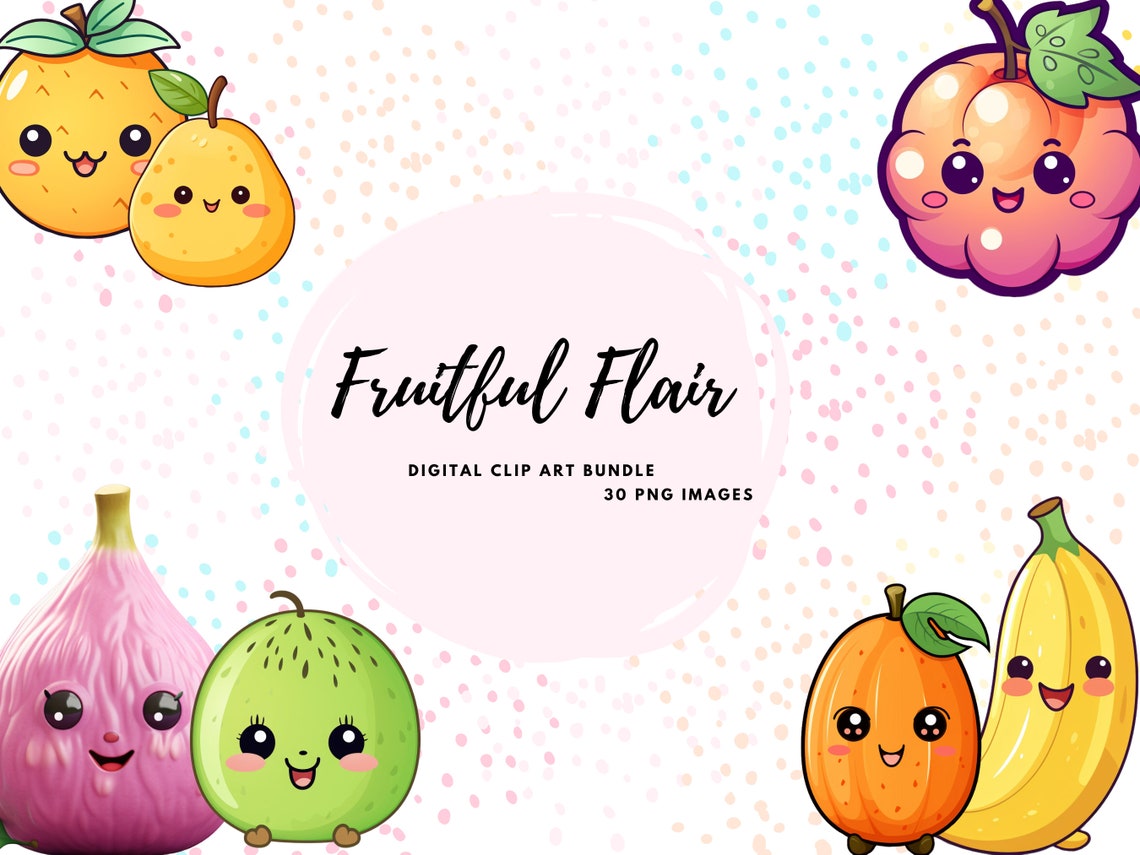Kawaii Fruits Clipart Bundle. Fruits Illustrations in PNG With - Etsy