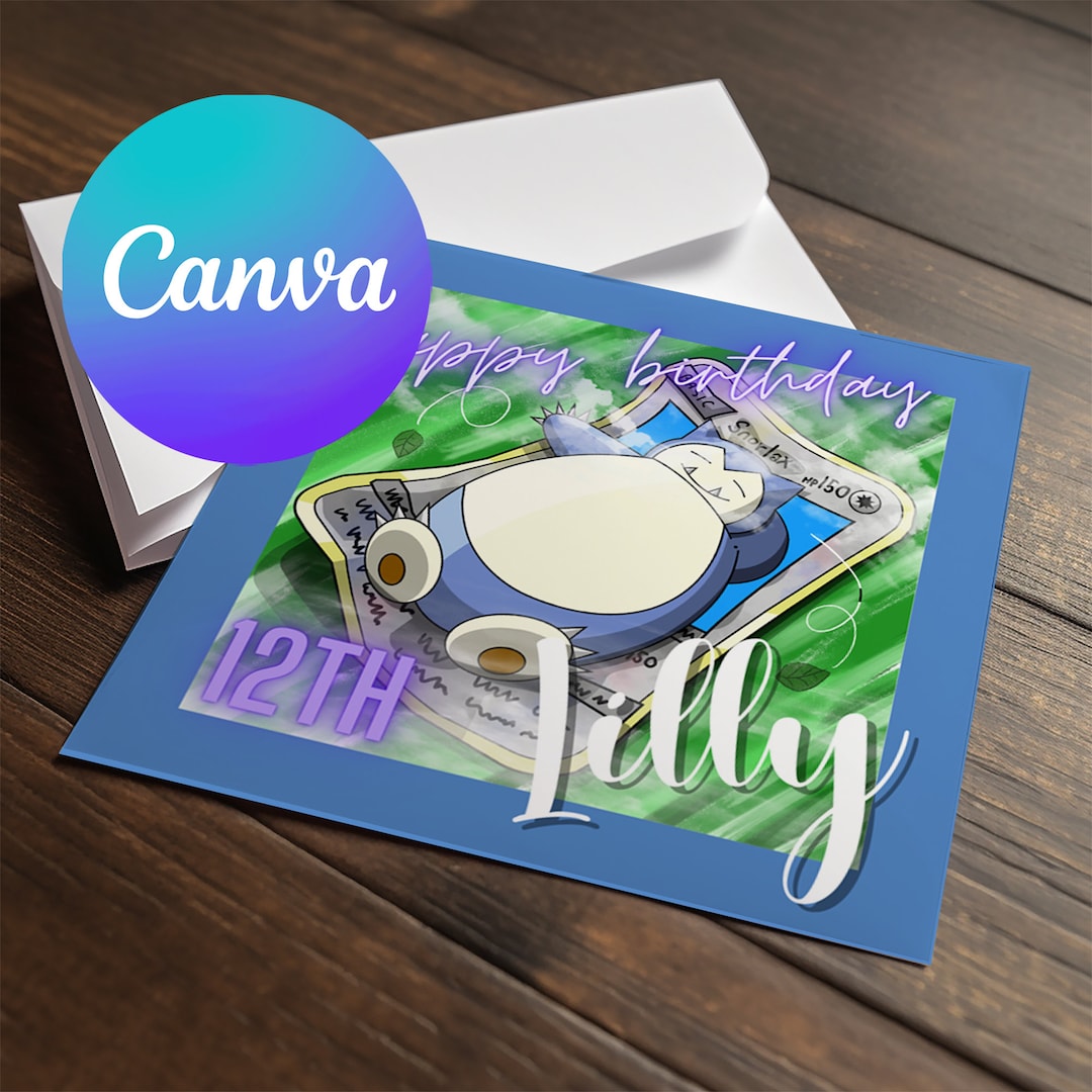 Editable Snorlax Pokemon Birthday Card, Canva Printable Birthday ...