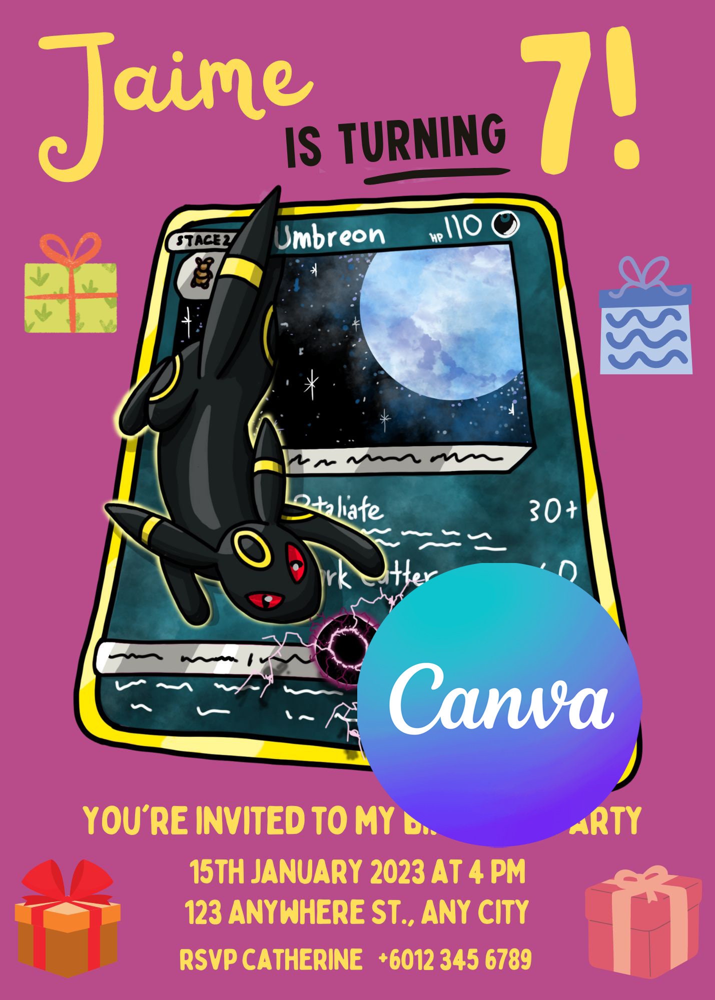 Editable Umbreon Pokemon Birthday Invitation and Thank You Card, Canva ...