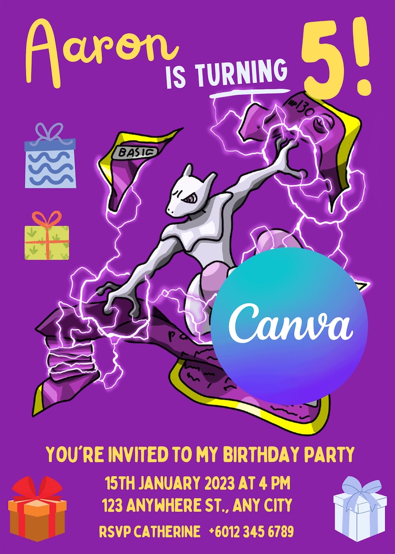 Editable Pokemon Birthday Invitation and Thank You Card, Canva ...
