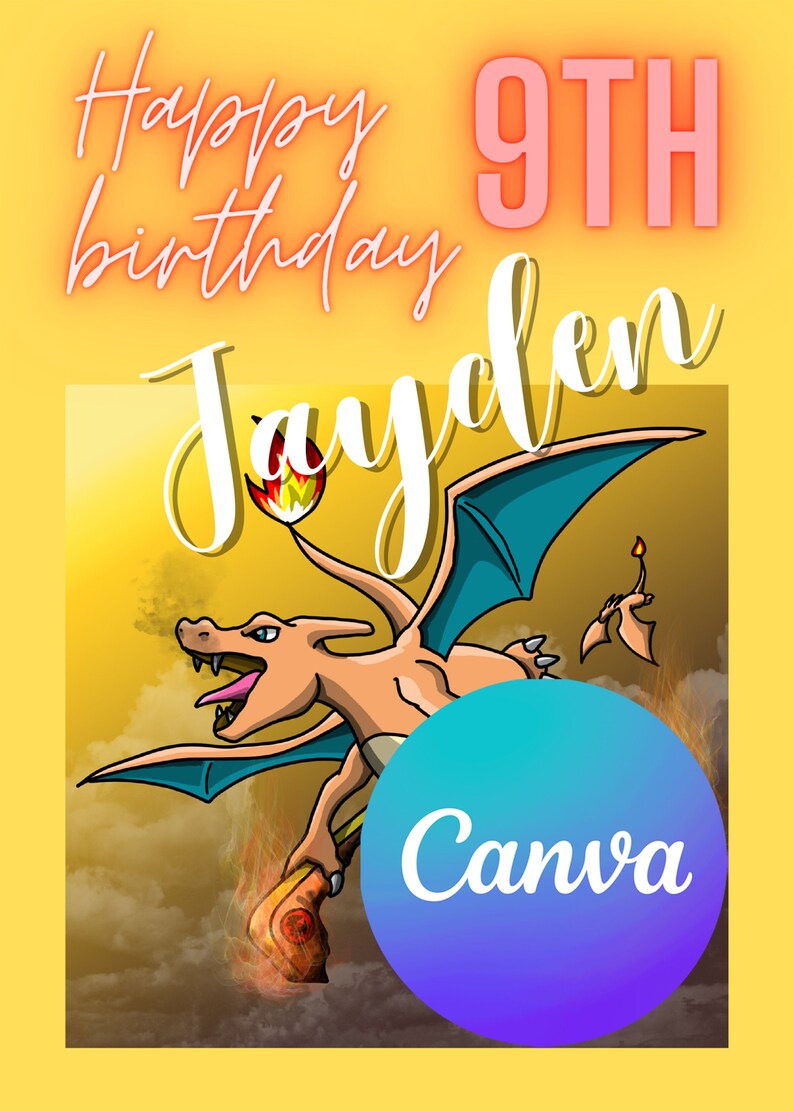 Editable Charizard Pokemon Birthday Card Canva Printable - Etsy