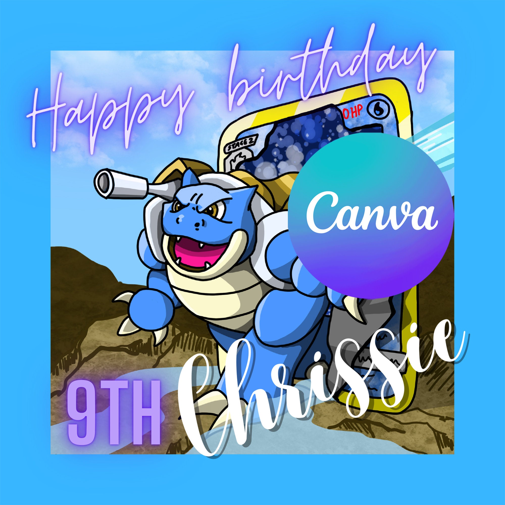 Editable Blastoise Pokemon Birthday Card, Canva Printable Birthday ...