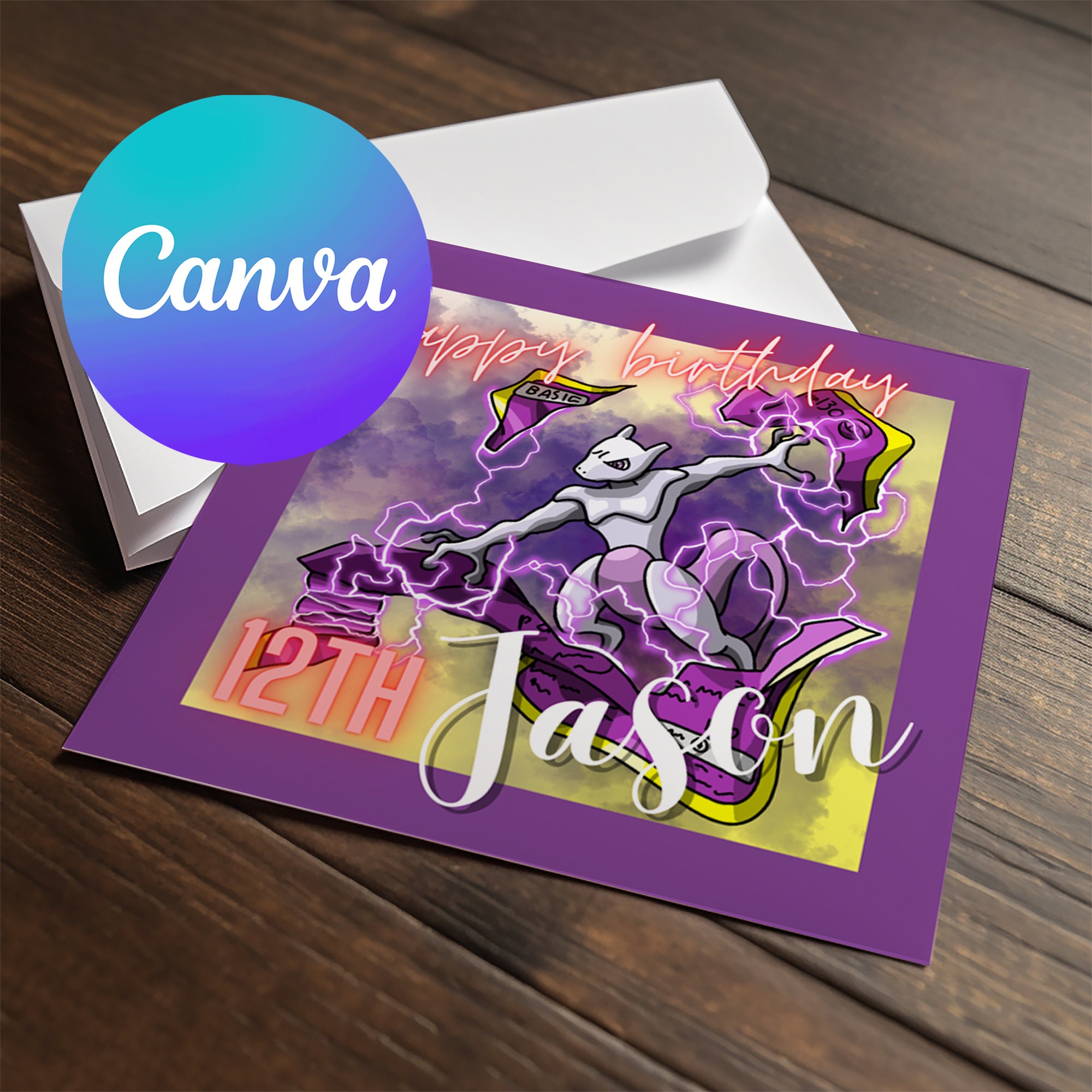Editable Mewtwo Pokemon Birthday Card, Canva Printable Birthday ...