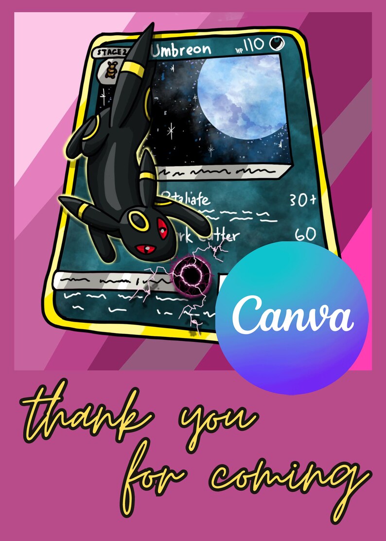 Editable Umbreon Pokemon Birthday Invitation and Thank You Card, Canva ...