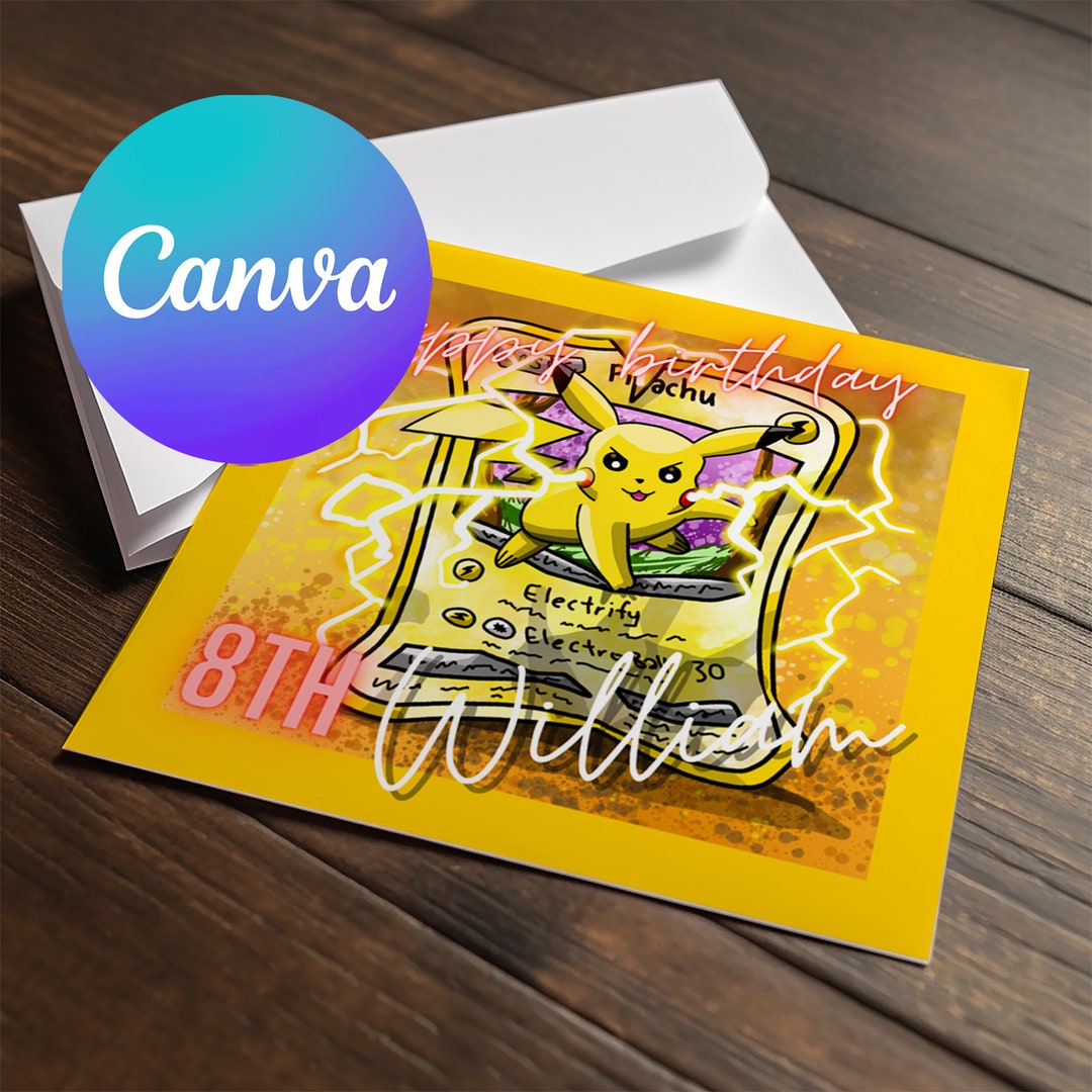 Editable Pikachu Pokemon Birthday Card, Canva Printable Birthday ...