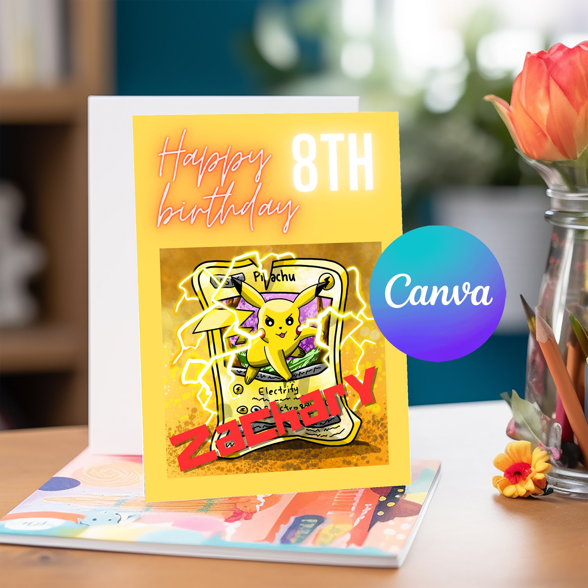 Editable Pikachu Pokemon Birthday Card, Canva Printable Birthday ...