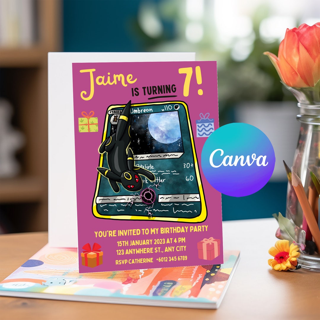 Editable Umbreon Pokemon Birthday Invitation and Thank You Card, Canva ...
