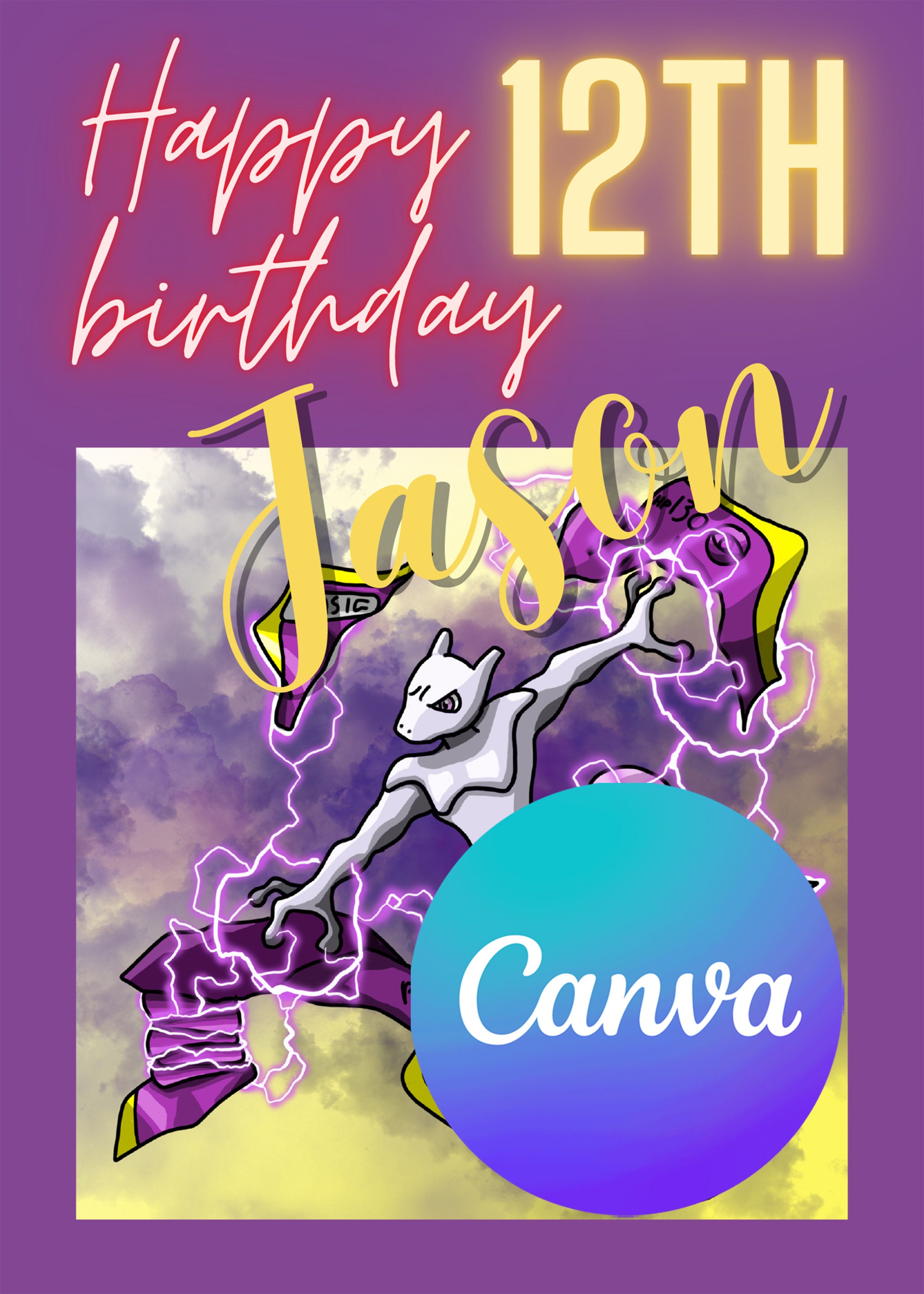 Editable Mewtwo Pokemon Birthday Card, Canva Printable Birthday ...