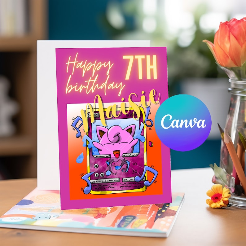 Editable Jigglypuff Pokemon Birthday Card Canva Printable - Etsy