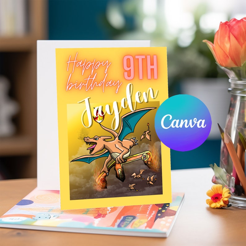 Editable Charizard Pokemon Birthday Card Canva Printable - Etsy