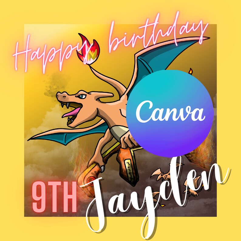 Editable Charizard Pokemon Birthday Card Canva Printable - Etsy