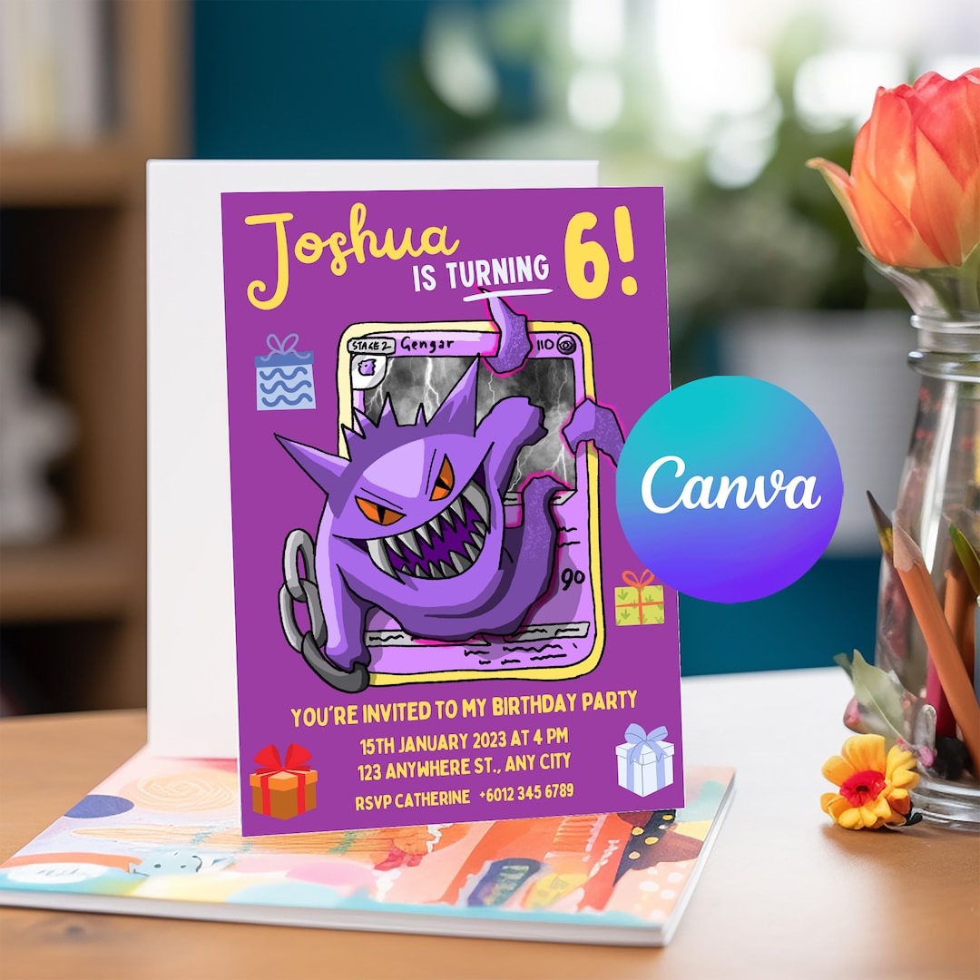 Editable Pokemon Birthday Invitation and Thank You Card, Canva ...