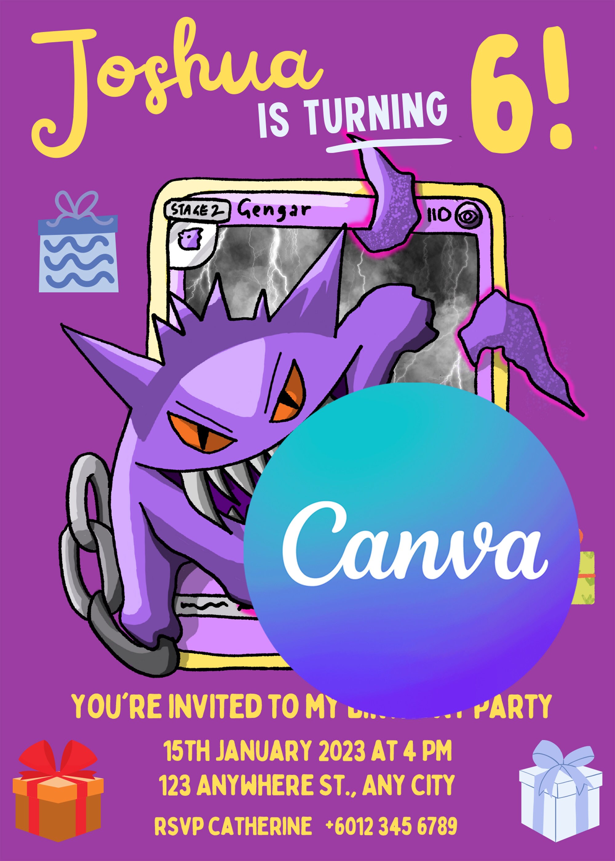 Editable Pokemon Birthday Invitation and Thank You Card, Canva ...