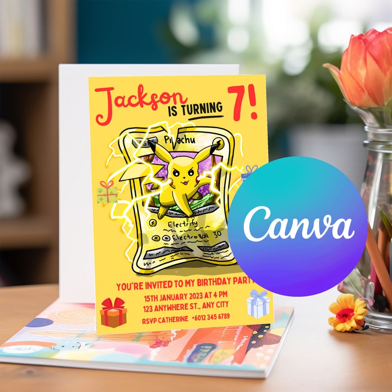 Editable Pikachu Pokemon Birthday Invitation and Thank You Card, Canva ...
