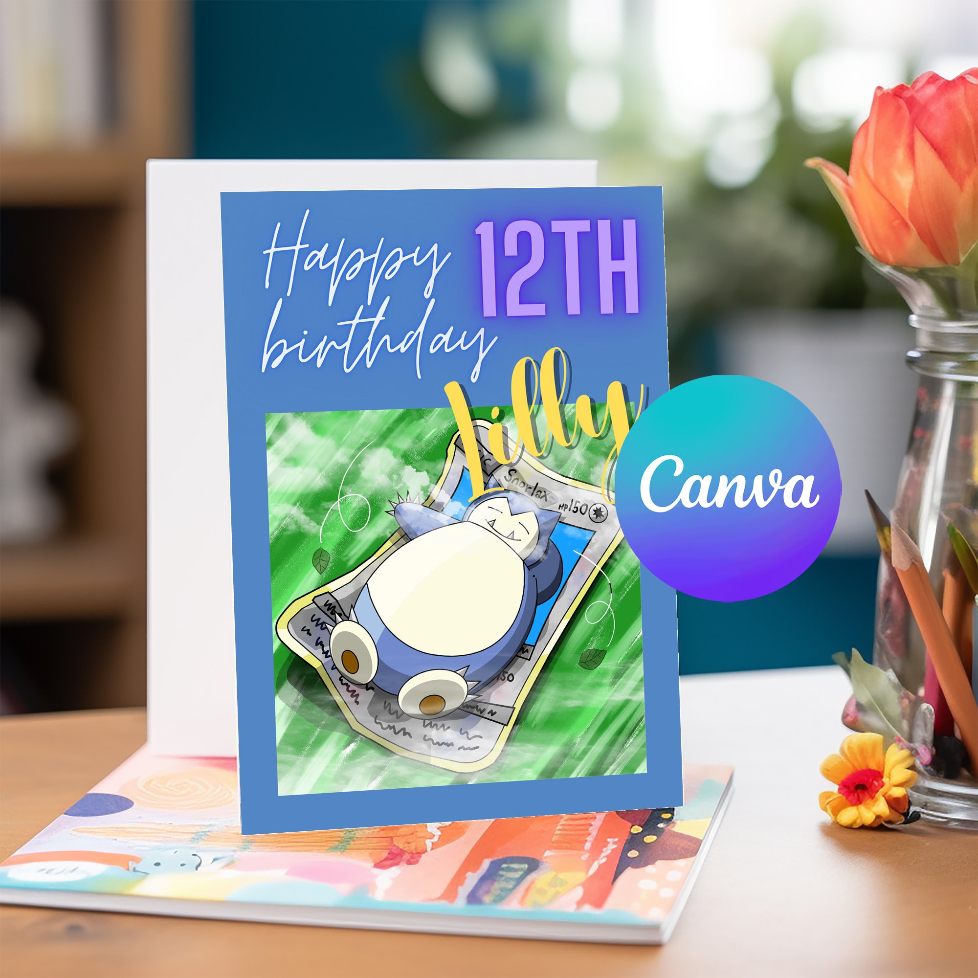 Editable Snorlax Pokemon Birthday Card, Canva Printable Birthday ...