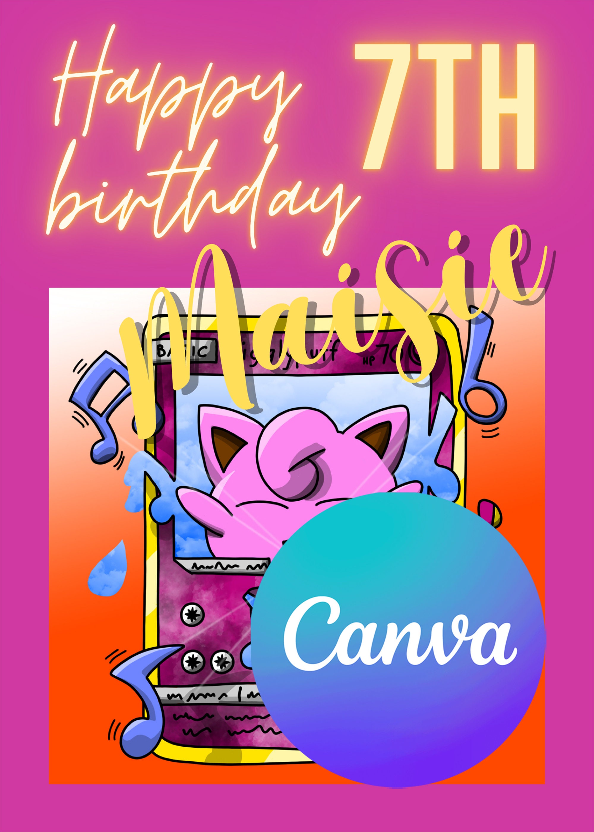 Editable Jigglypuff Pokemon Birthday Card, Canva Printable Birthday ...