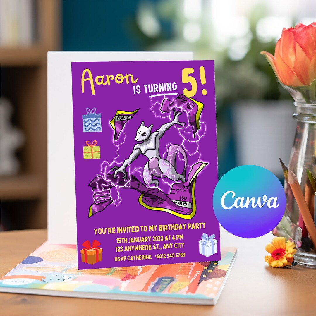 Editable Pokemon Birthday Invitation and Thank You Card, Canva ...