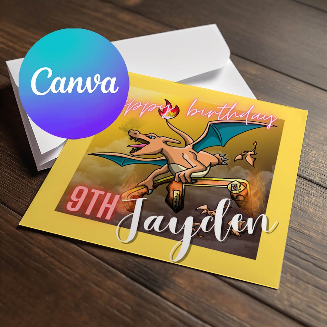 Editable Charizard Pokemon Birthday Card, Canva Printable Birthday ...