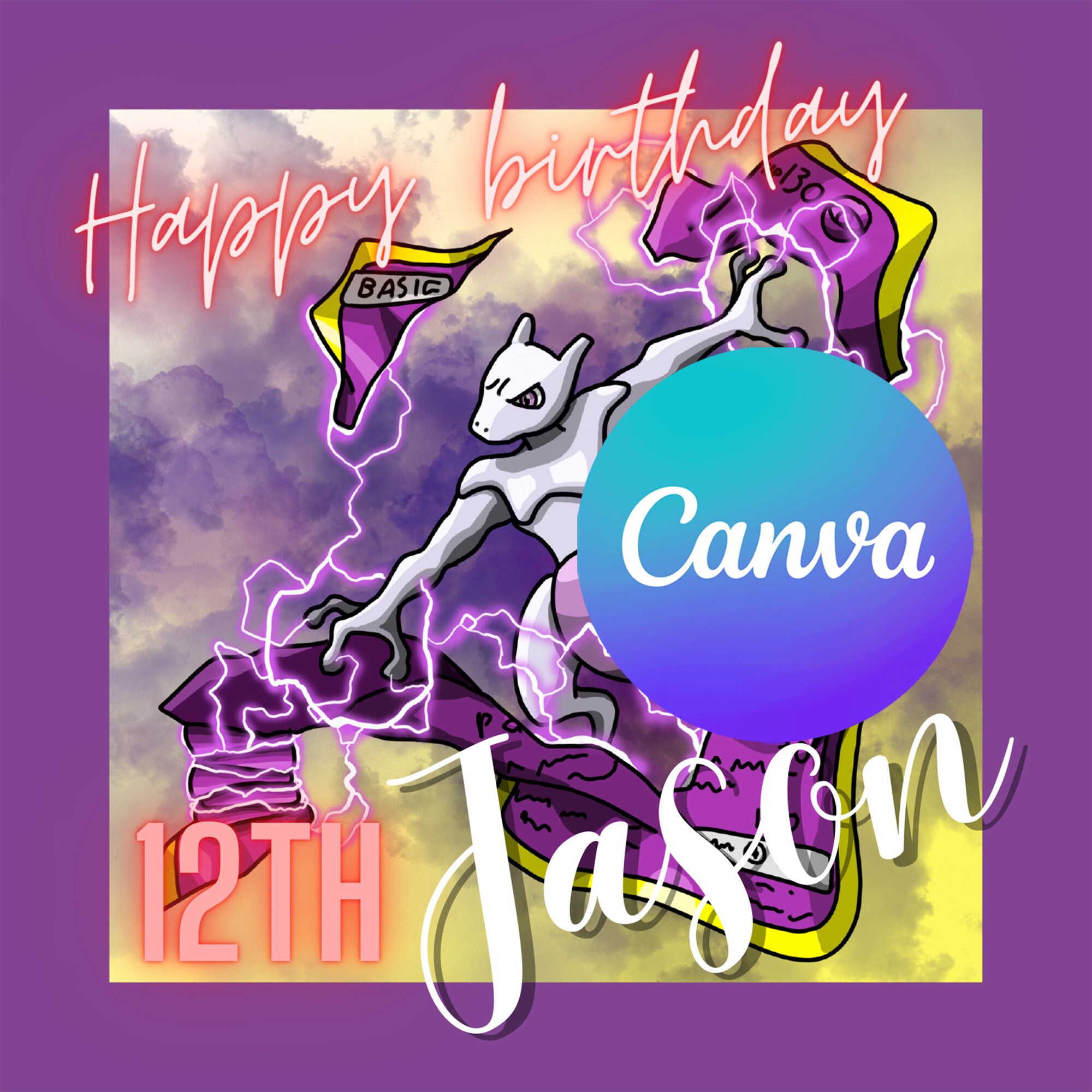 Editable Mewtwo Pokemon Birthday Card, Canva Printable Birthday ...