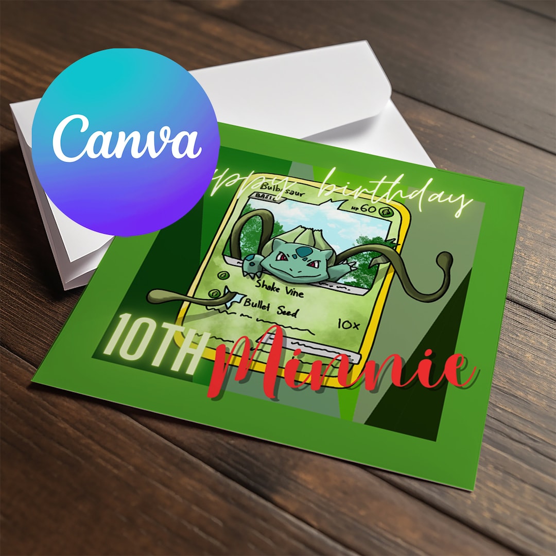 Editable Bulbasaur Pokemon Birthday Card, Canva Printable Birthday ...