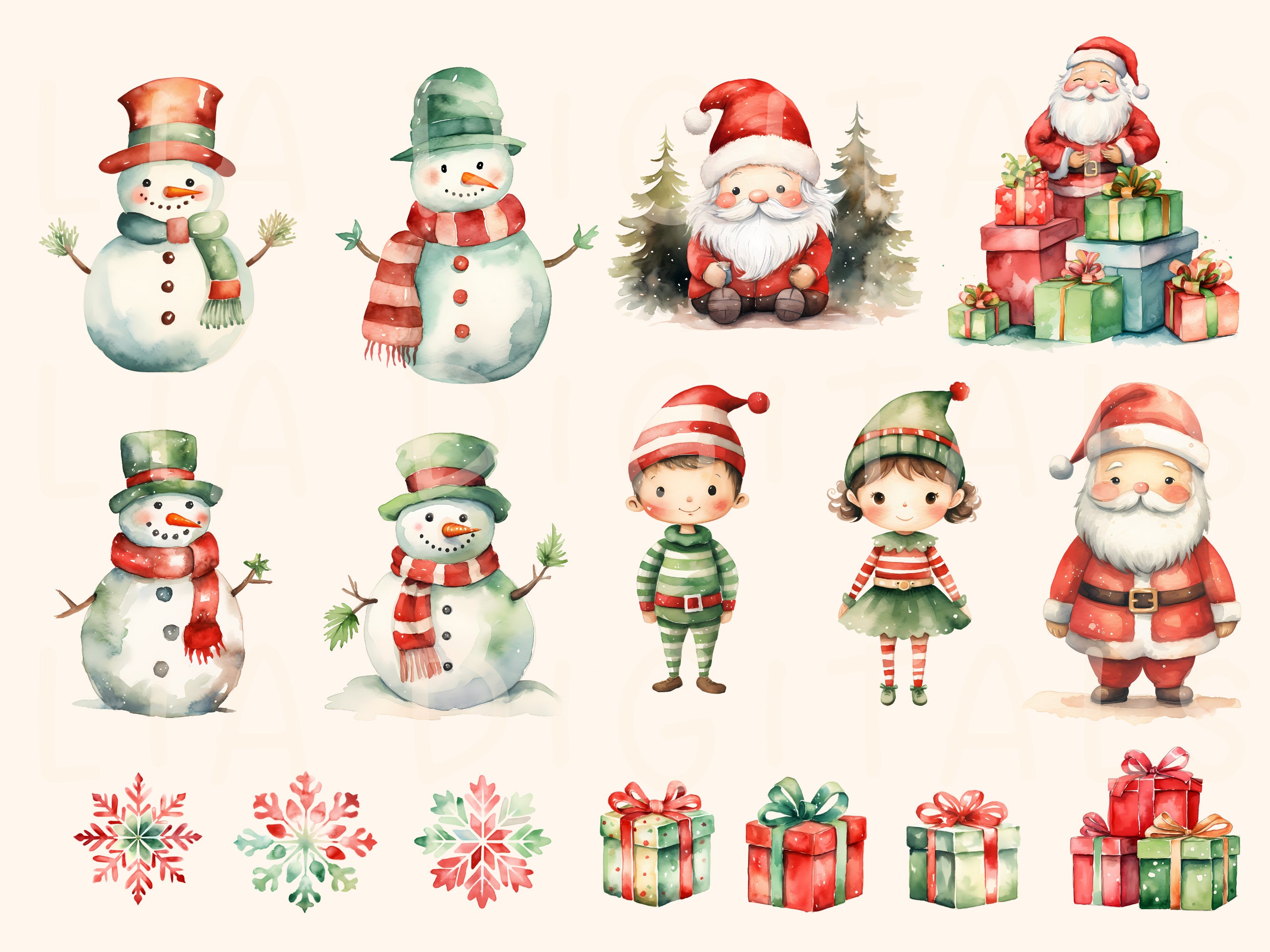 Watercolor Christmas Clipart Set Classic Christmas Clipart Bundle Red ...