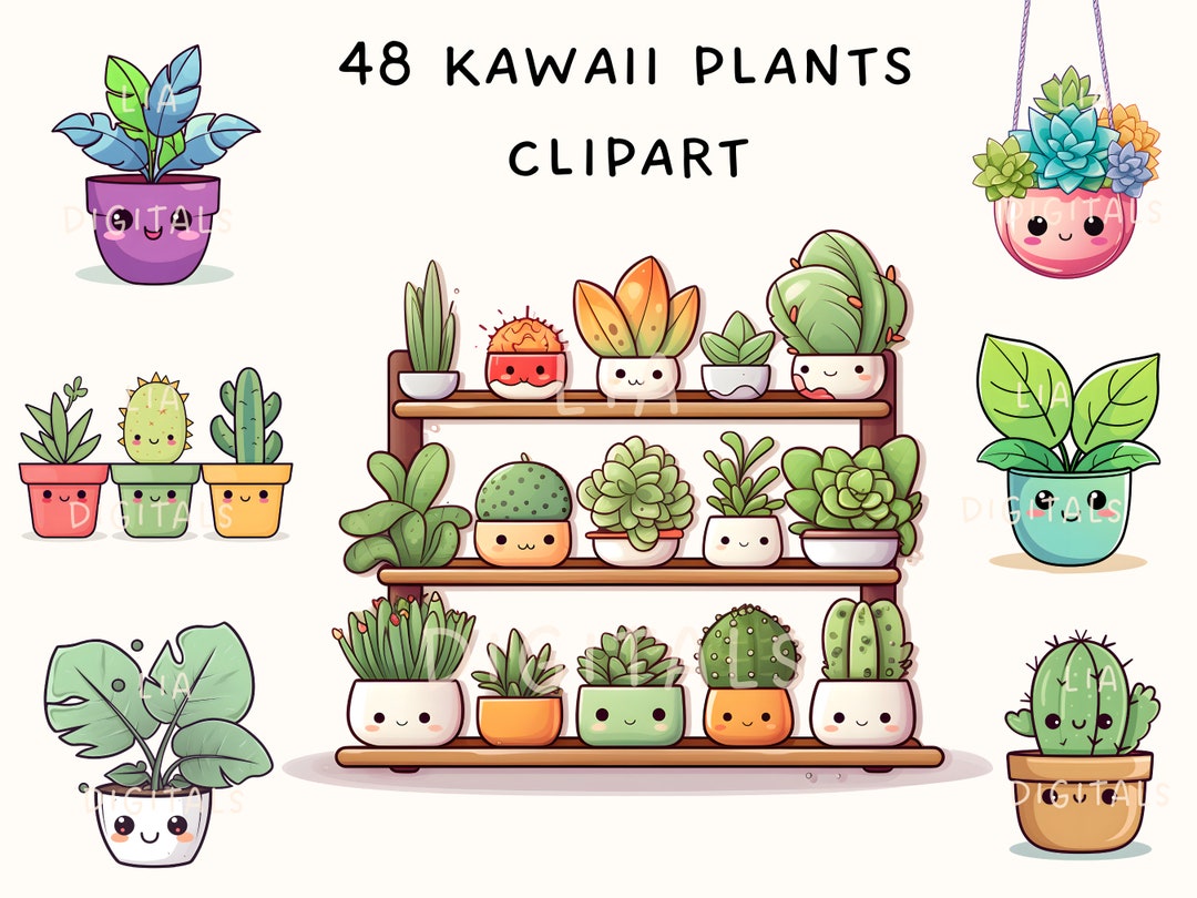 Watercolor Kawaii House Plant Clipart Kawaii Plants Clipart Cute House ...
