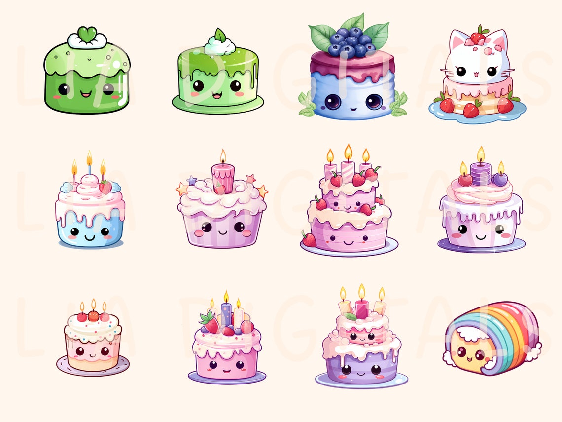Kawaii Cakes Clipart Cute Birthday Cake Stickers Strawberry Rainbow ...