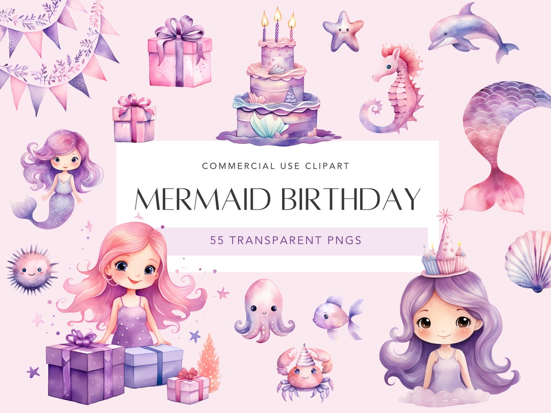 Watercolor Mermaid Birthday Clipart Pastel Mermaid Clipart Pink Mermaid ...