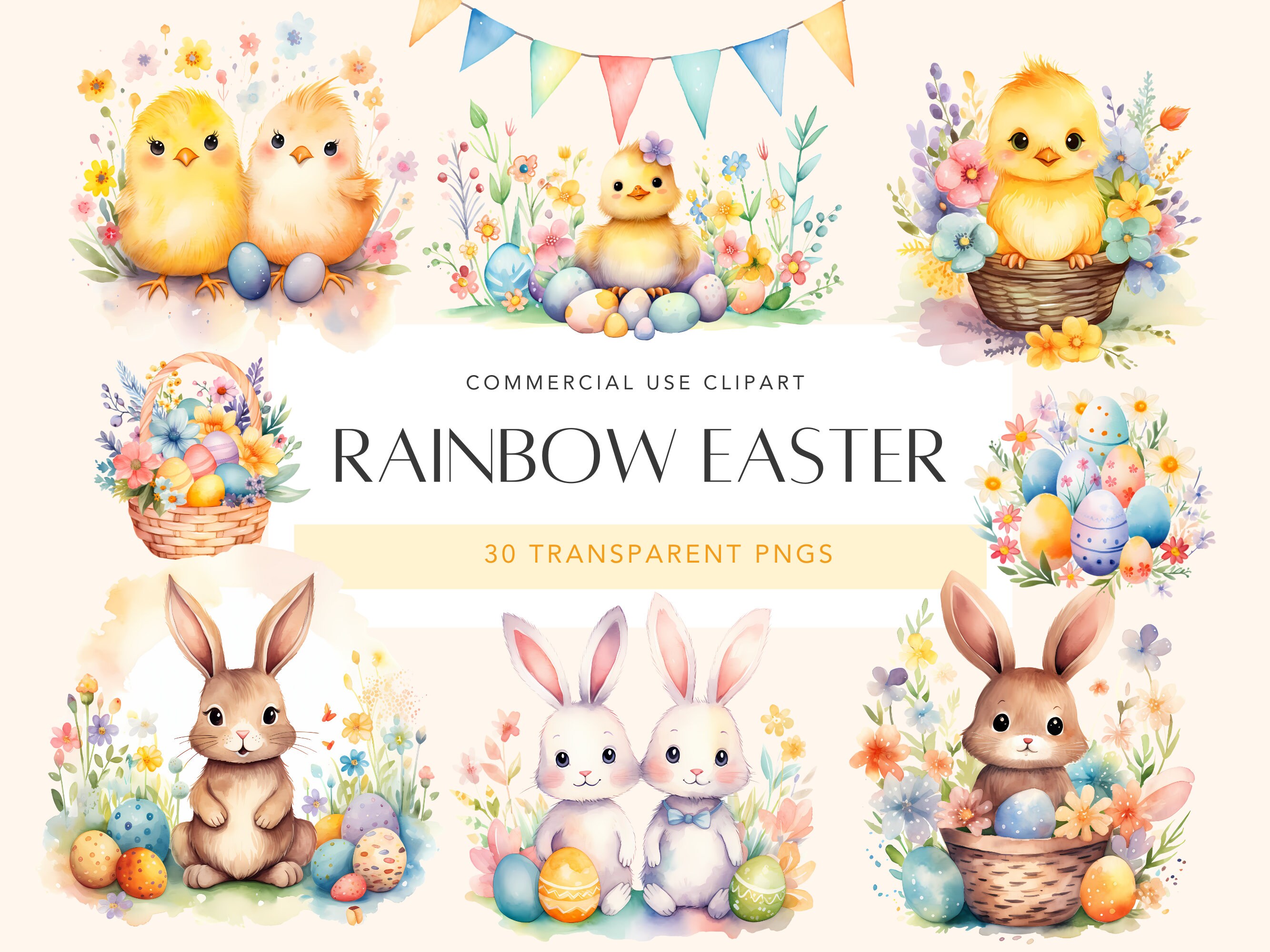 Watercolor Easter Clipart Bundle Pastel Rainbow Easter Spring Clipart ...