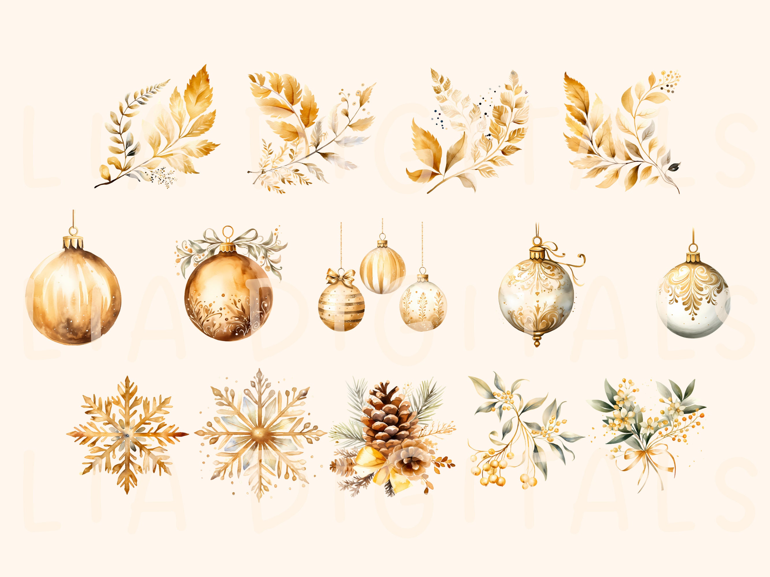 Gold Christmas Clipart Watercolor Bundle Winter Holiday Clipart Elegant ...