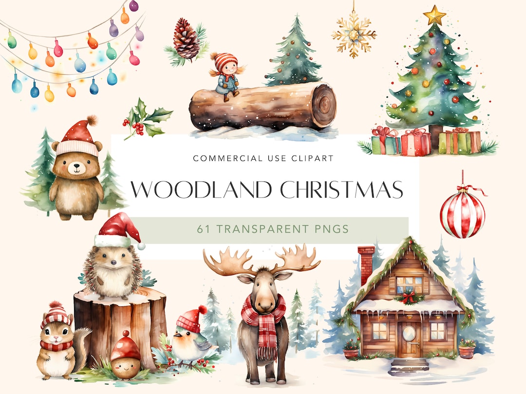 Woodland Christmas Clipart Watercolor Winter Clipart Woodland Animals ...