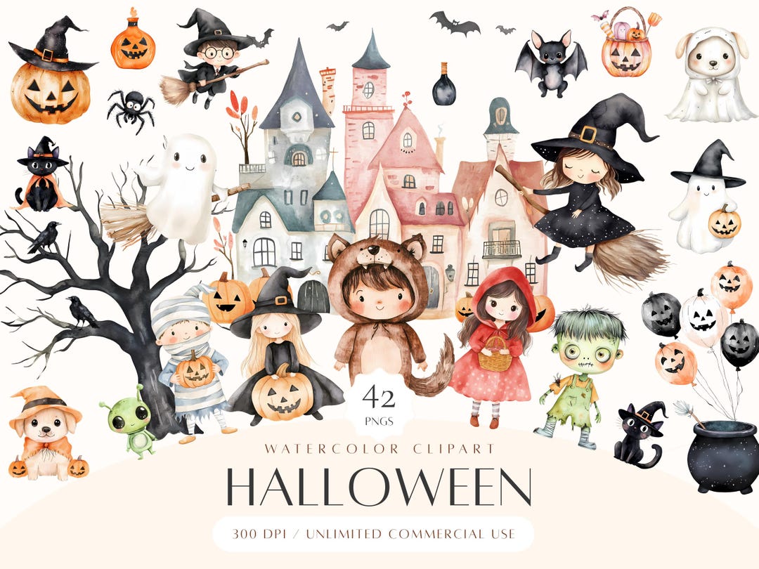 Cute Halloween Watercolor Clipart Spooky Halloween Costume Party PNG ...