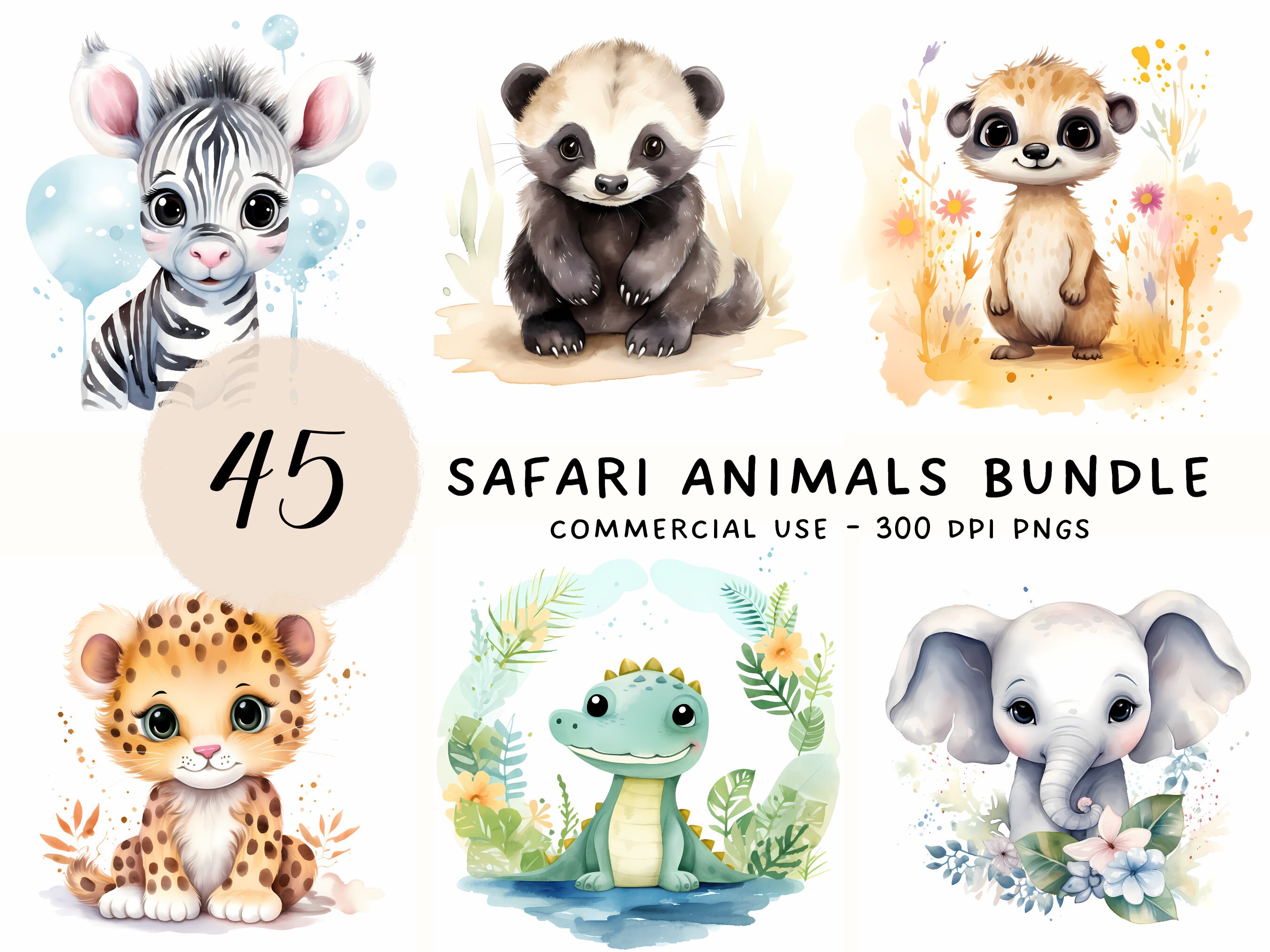 Watercolor Safari Animals Bundle Whimsical Baby Animal Clipart for ...